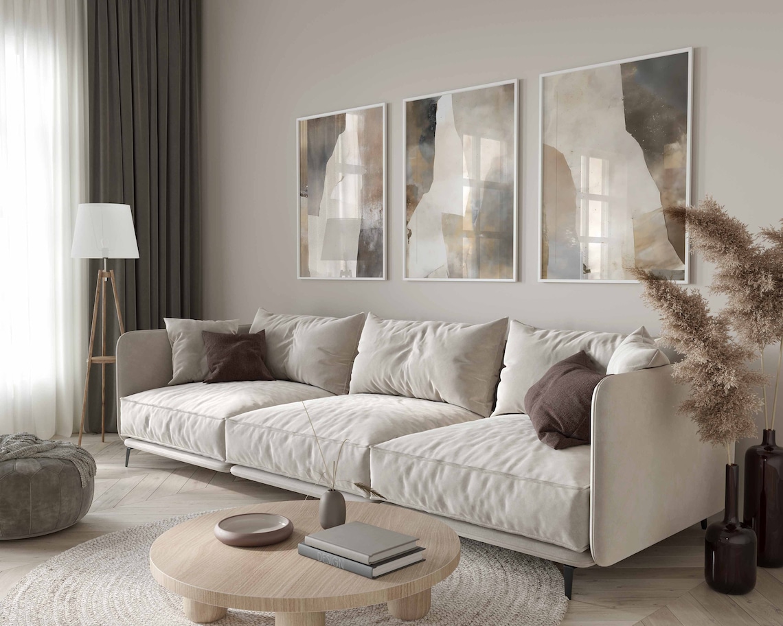 Abstract Neutral Beige Wall Art Set of 3 Modern Geometric Art Prints ...