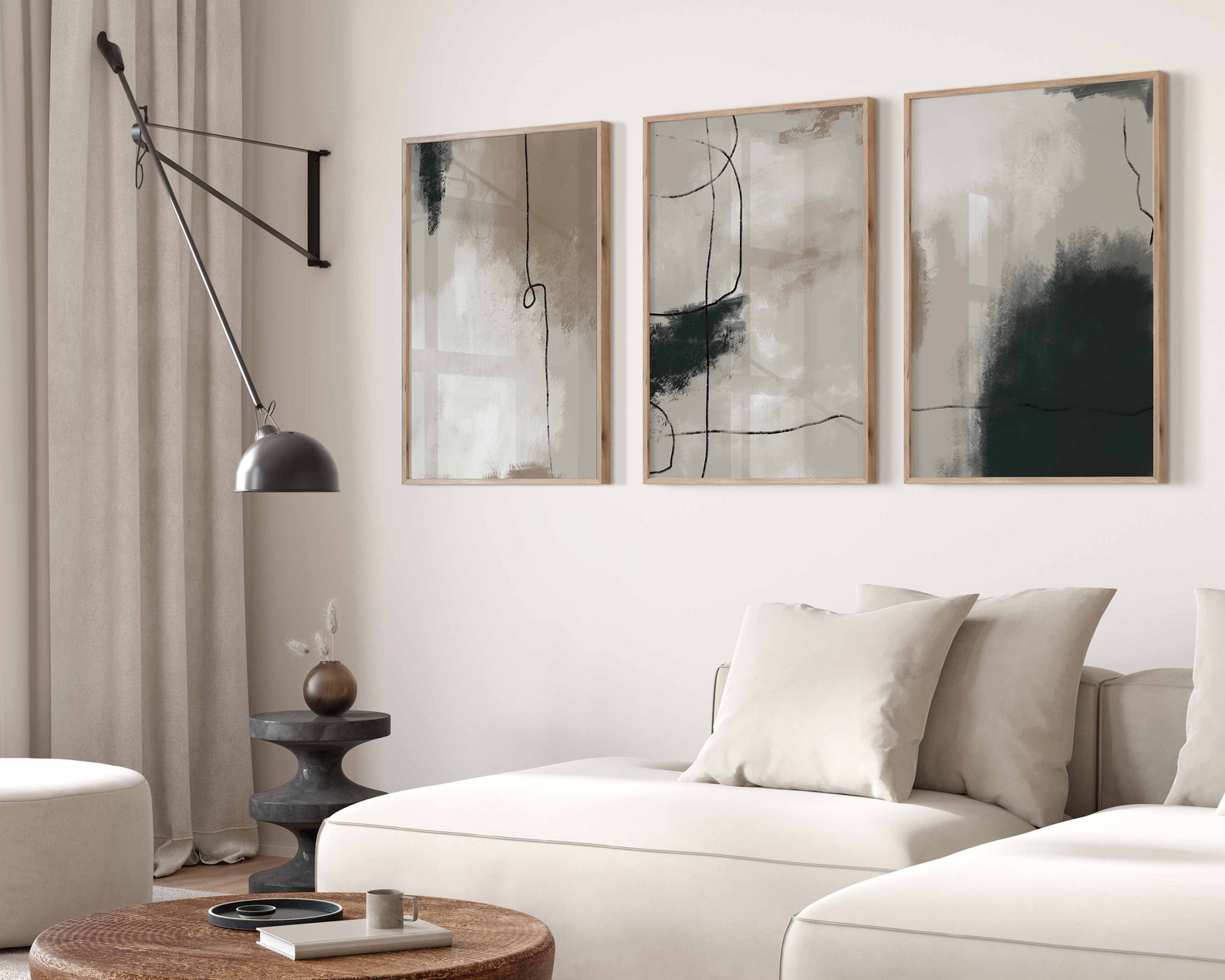 Modern Neutral Abstract Gallery Wall Art Set of 3 Black Beige Neutral ...