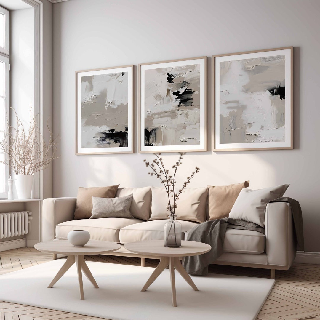 Modern Abstract Gallery Wall Art Set of 3 Digital Art Beige Black Wall ...