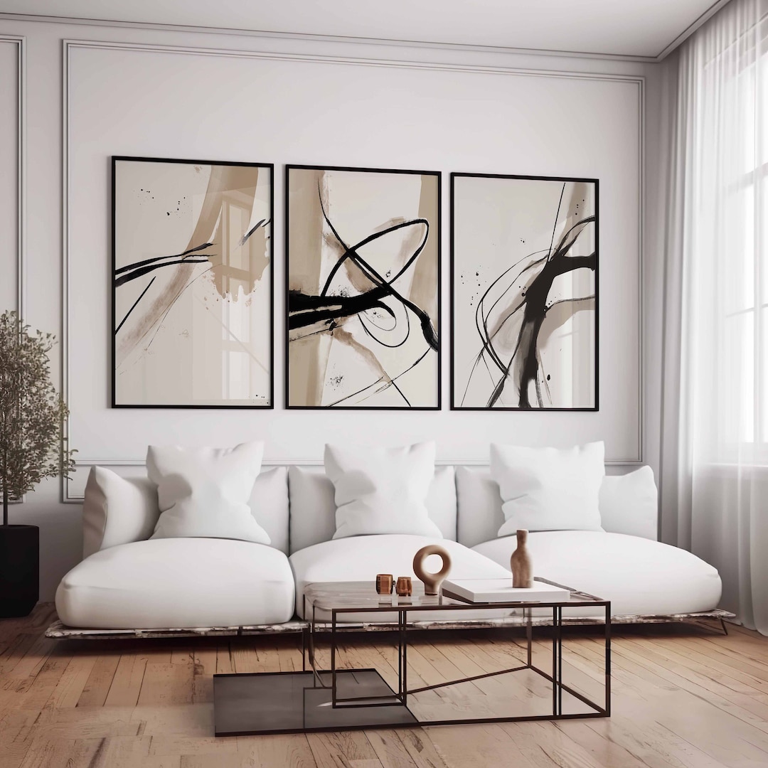 Modern Minimal Neutral Gallery Wall Art Set of 3 Black and Beige ...
