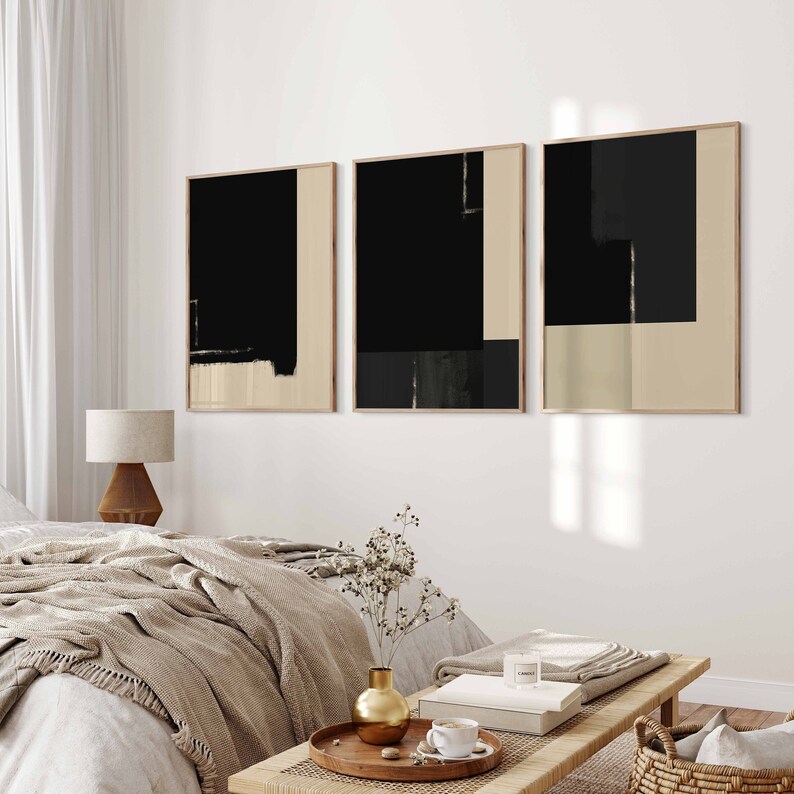 Modern Contemporary Simple Gallery Wall Art Set of 3 Abstract Art Black ...