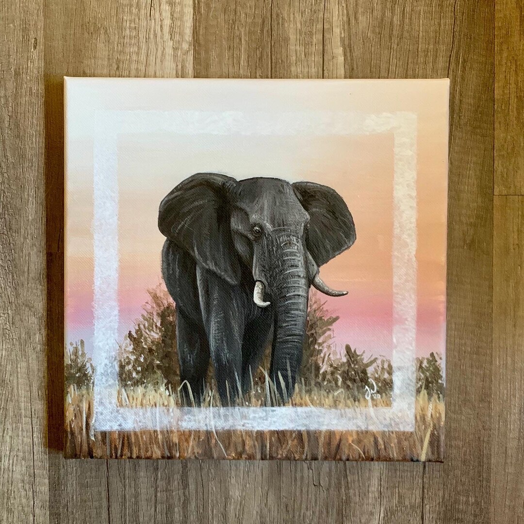 10x10 African Elephant Sunset Canvas Acrylic Painting - Etsy