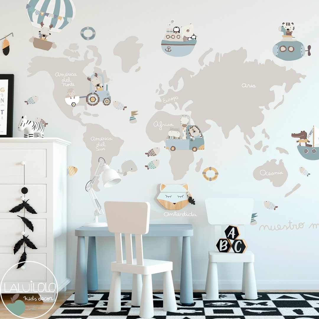 Children's World Map Repositionable Fabric Vinyl -bon Voyage ...