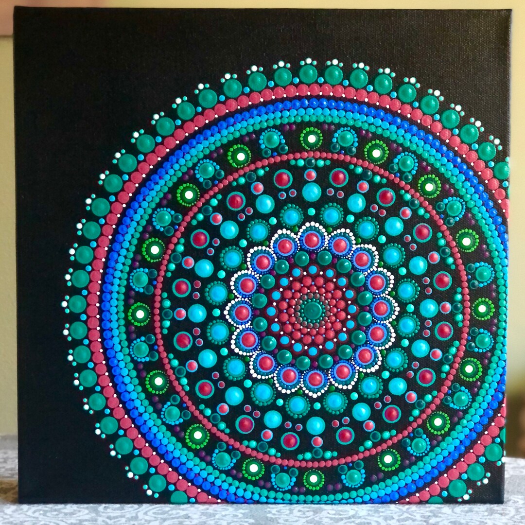 Offset Vibrant Dot Mandala Hand Painted on Black Stretched Canvas 12" X ...
