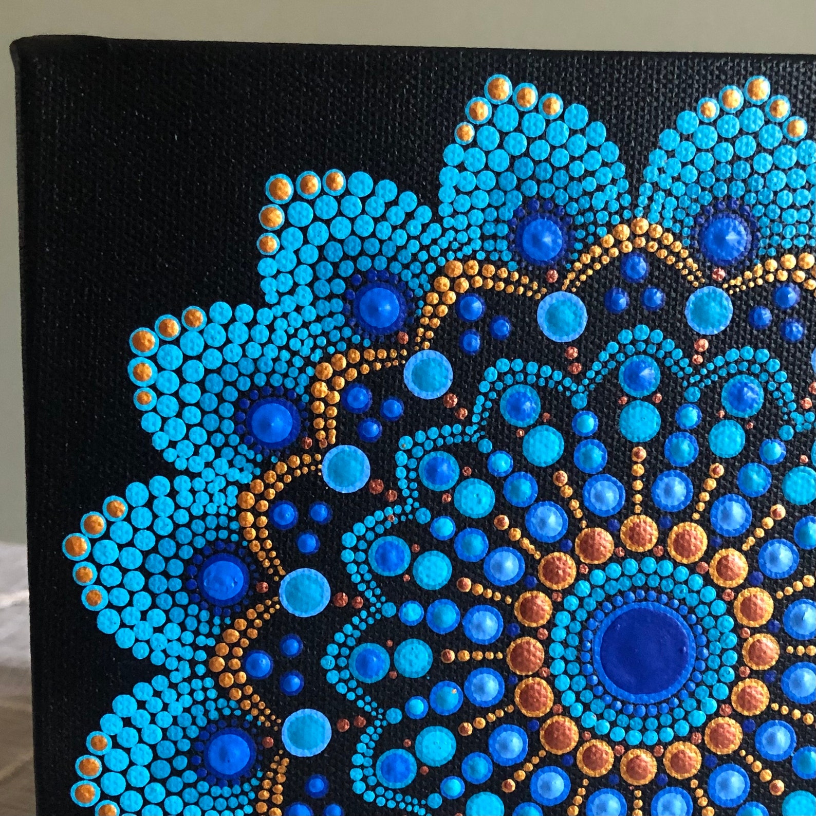 Vibrant Dot Mandala on Black Stretched Canvas 8" X 8" in Shades of Blue ...