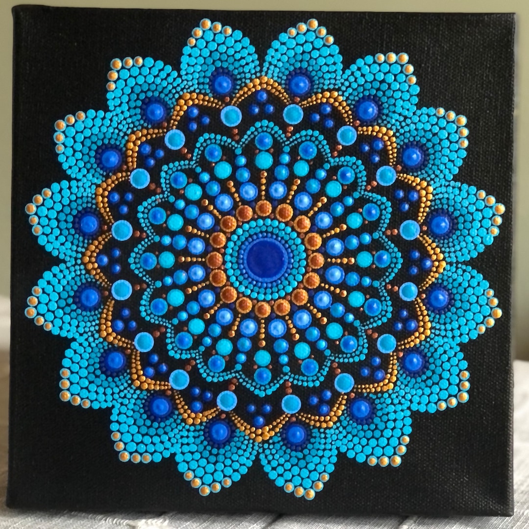Vibrant Dot Mandala on Black Stretched Canvas 8" X 8" in Shades of Blue ...