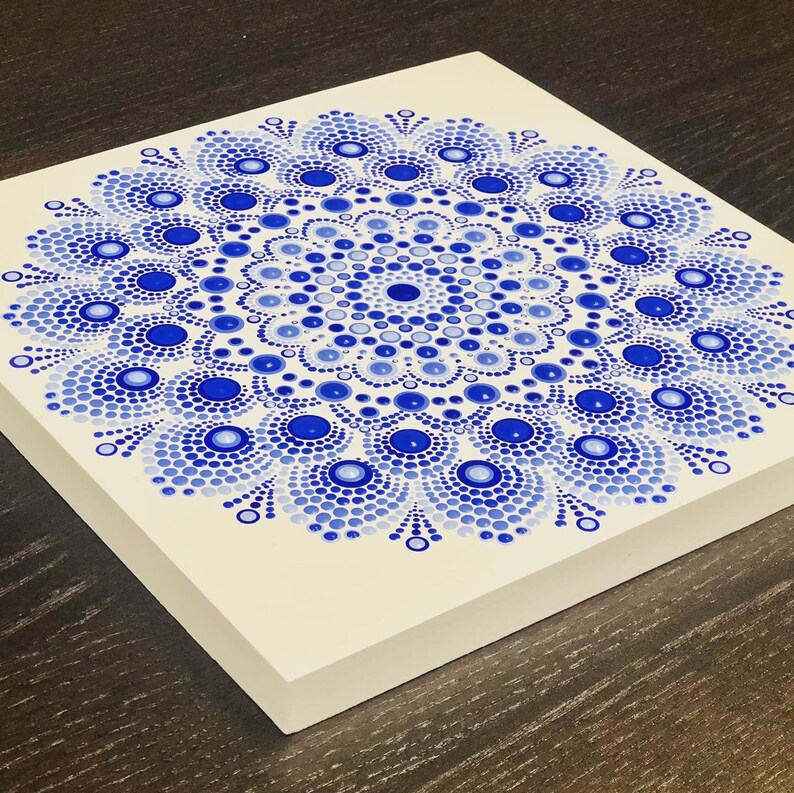 Blue Burst Dot Mandala on White Gessoed Wood 10” X 10” - Etsy