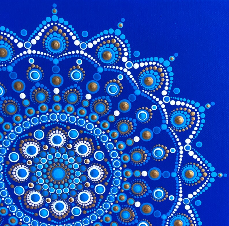 Beautiful Dot Mandala on Blue Stretched Canvas 12" X 12" Gold, White ...