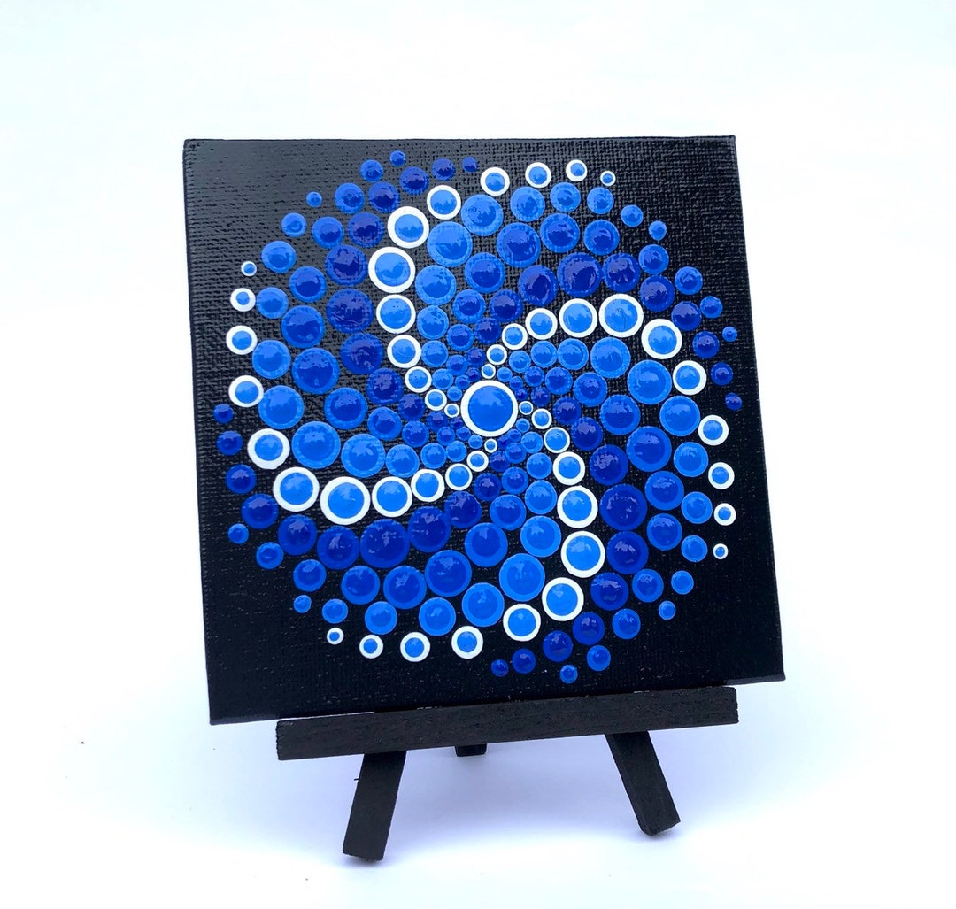 Vibrant Blue!! Dot Mandala Pointillism on Canvas Original Art 5" X 5 ...