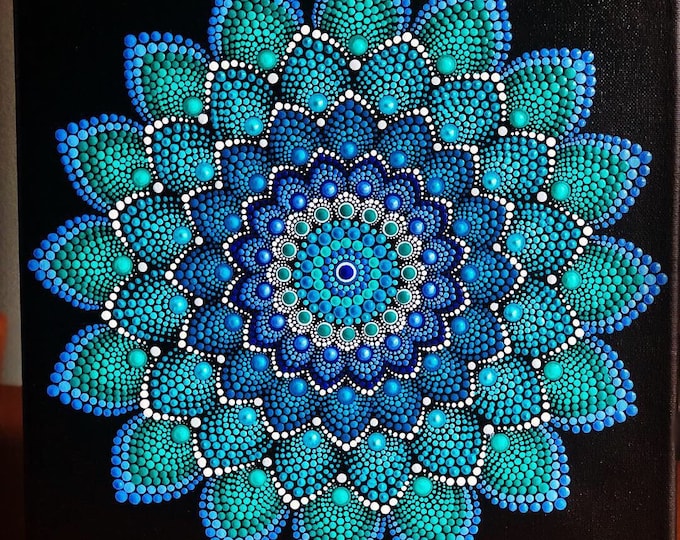 Shades of Blue Dot Mandala on Stretched Canvas 12" X 12" Blue, Green ...