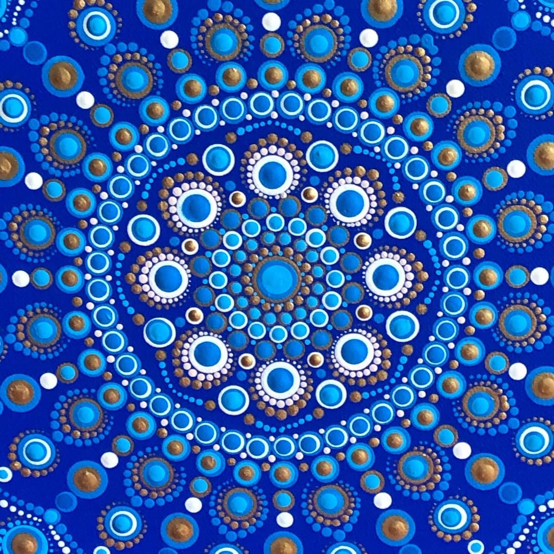 Beautiful Dot Mandala on Blue Stretched Canvas 12" X 12" Gold, White ...