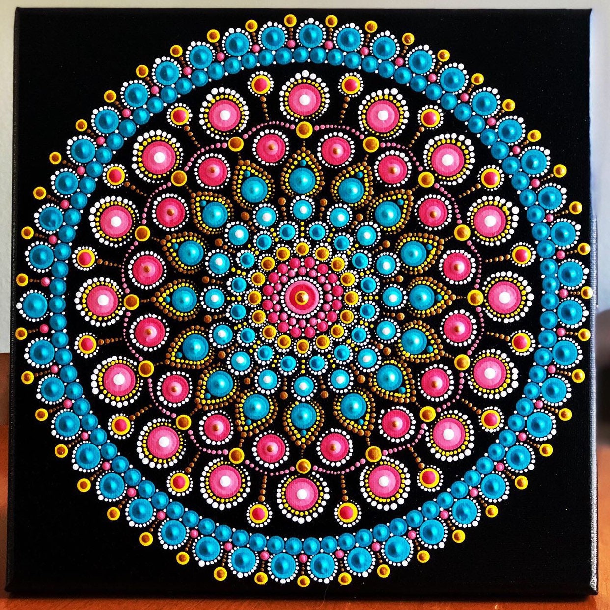 Vibrant Dot Mandala on Black Stretched Canvas 10" X 10" in Shades of ...