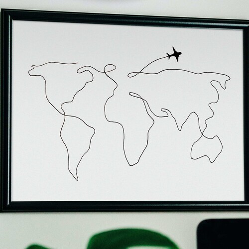 Digital Print World Map Line Art One Line Drawing With - Etsy