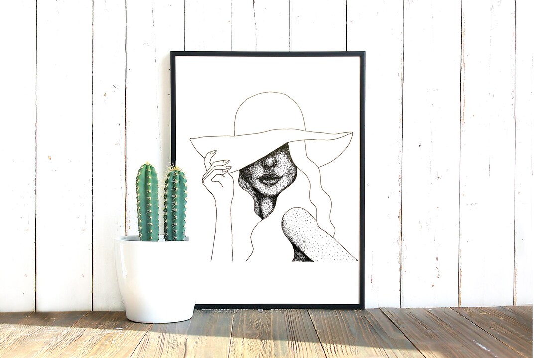 Woman With Hat Line Art Print: Pointillism Portrait (digital Download ...