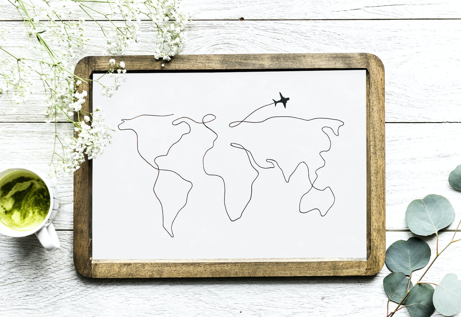 Digital Print World Map Line Art One Line Drawing With Airplane, Black ...