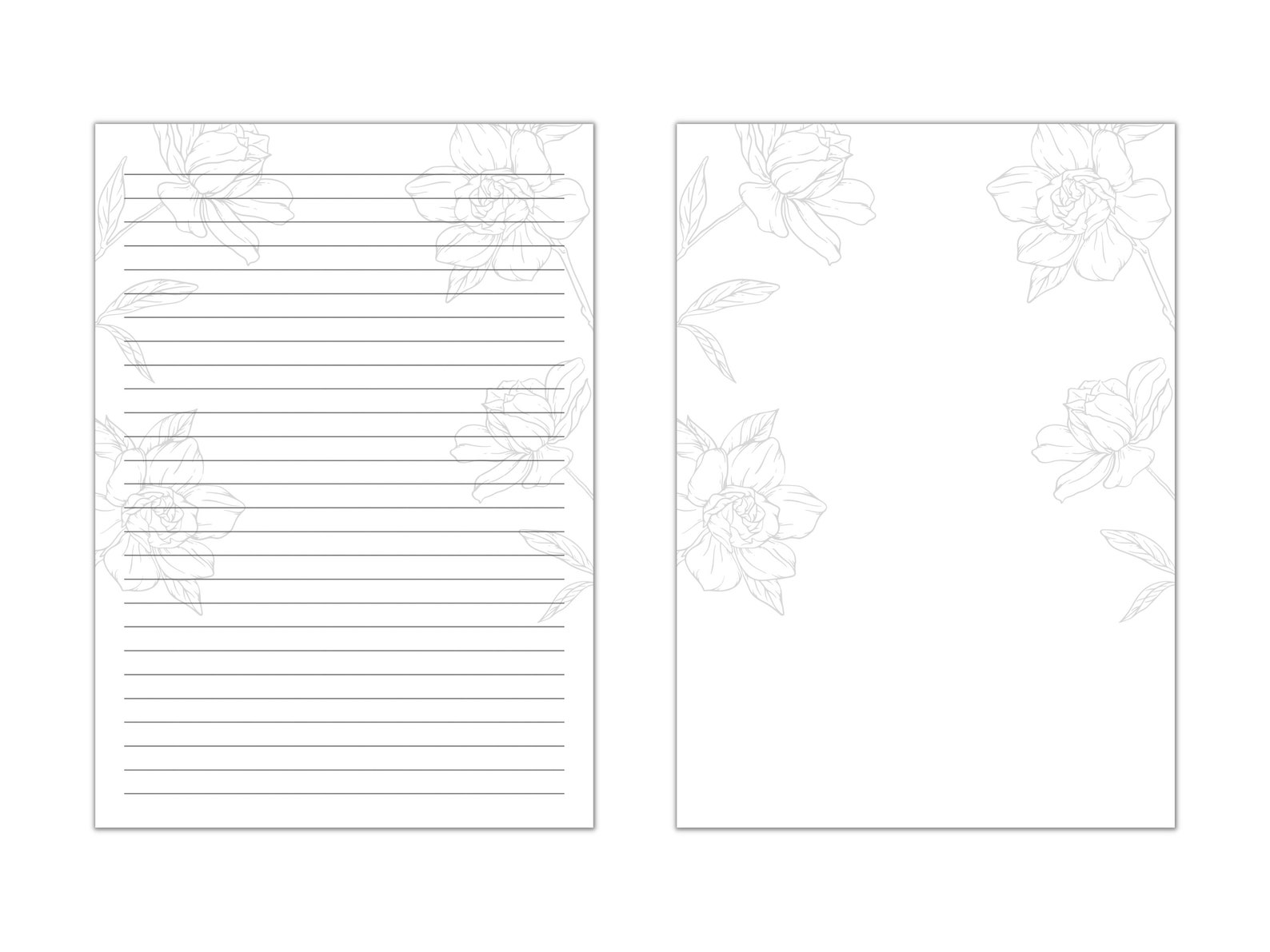Black and White Floral Lined Paper, Printable Stationery Paper, Digital ...