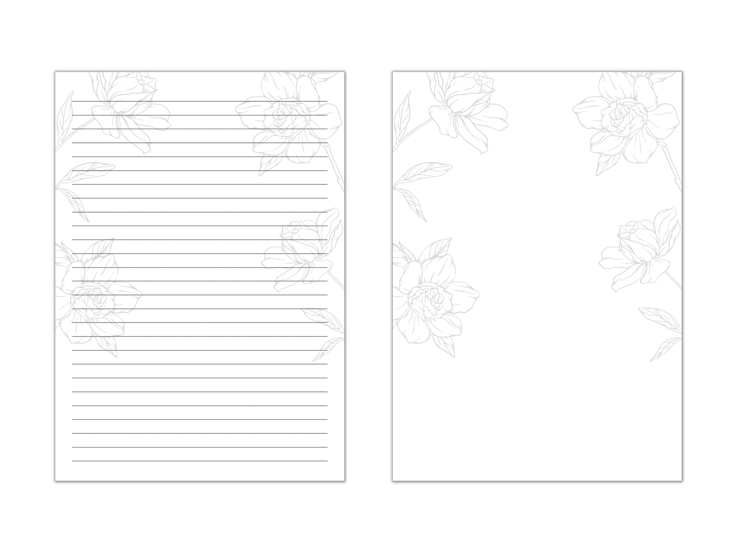 Black and White Floral Lined Paper, Printable Stationery Paper, Digital ...