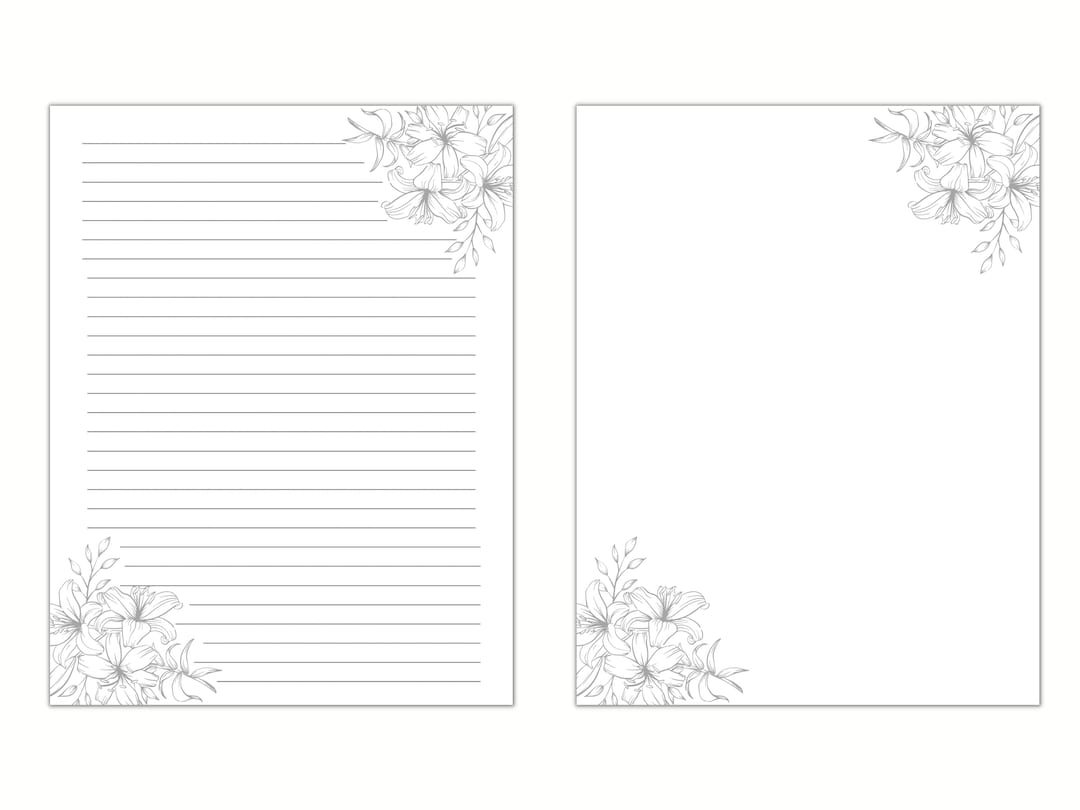 Black and White Floral Lined Paper, Printable Stationery Paper, Digital ...