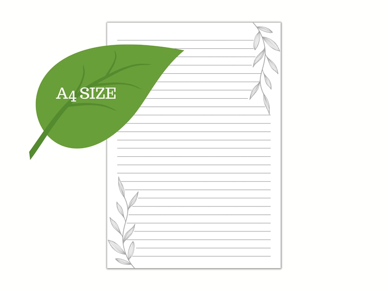 Black and White Leaf Lined Paper, Printable Stationery Paper, Digital ...