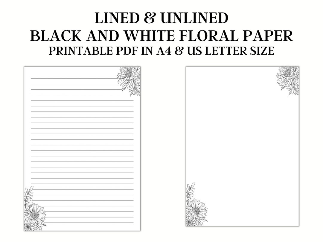 Black and White Floral Lined Paper, Printable Stationery Paper, Digital ...