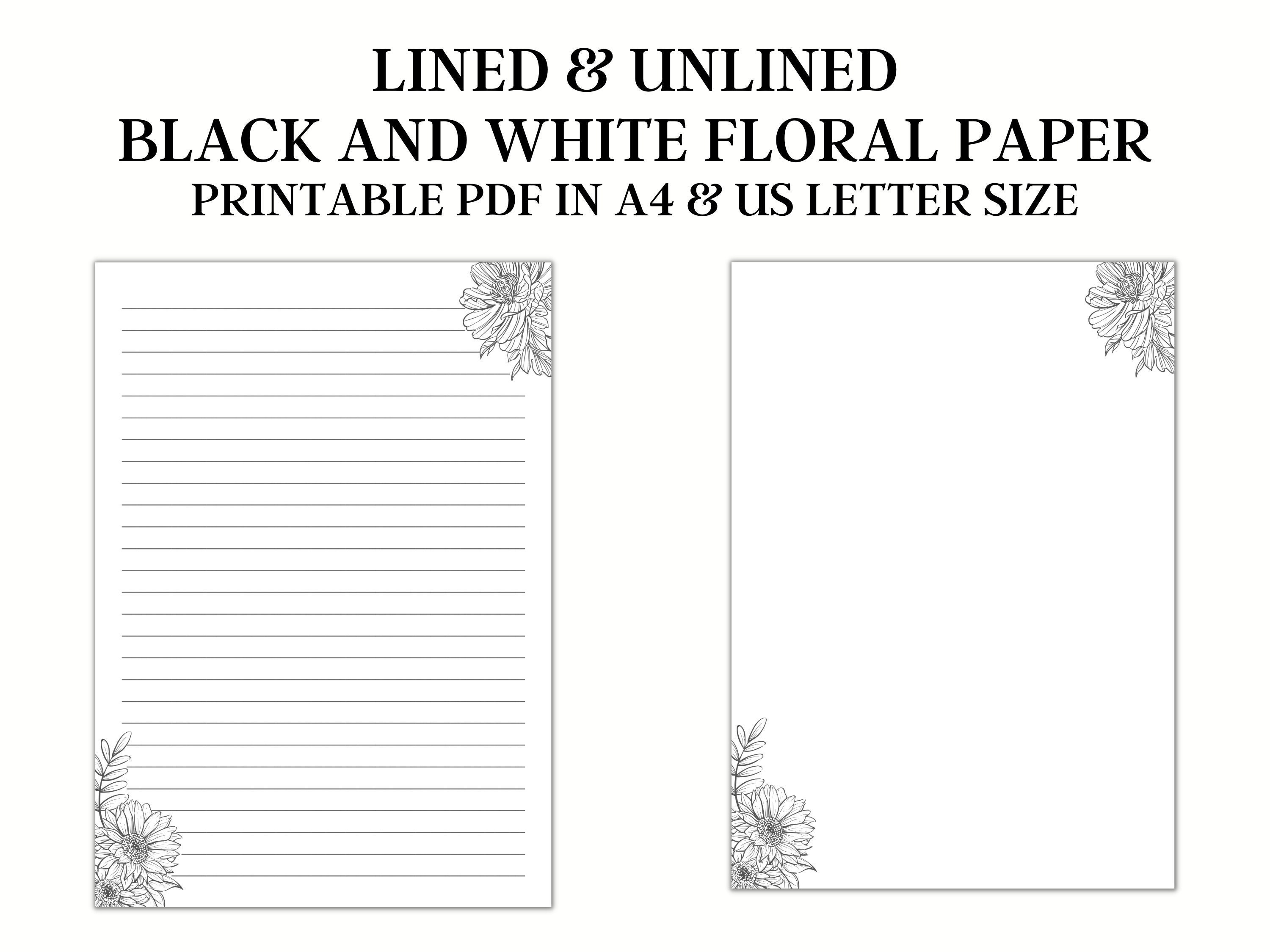 Black and White Floral Lined Paper, Printable Stationery Paper, Digital ...