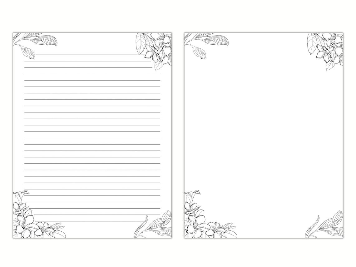 Black and White Floral Lined Paper, Printable Stationery Paper, Digital ...