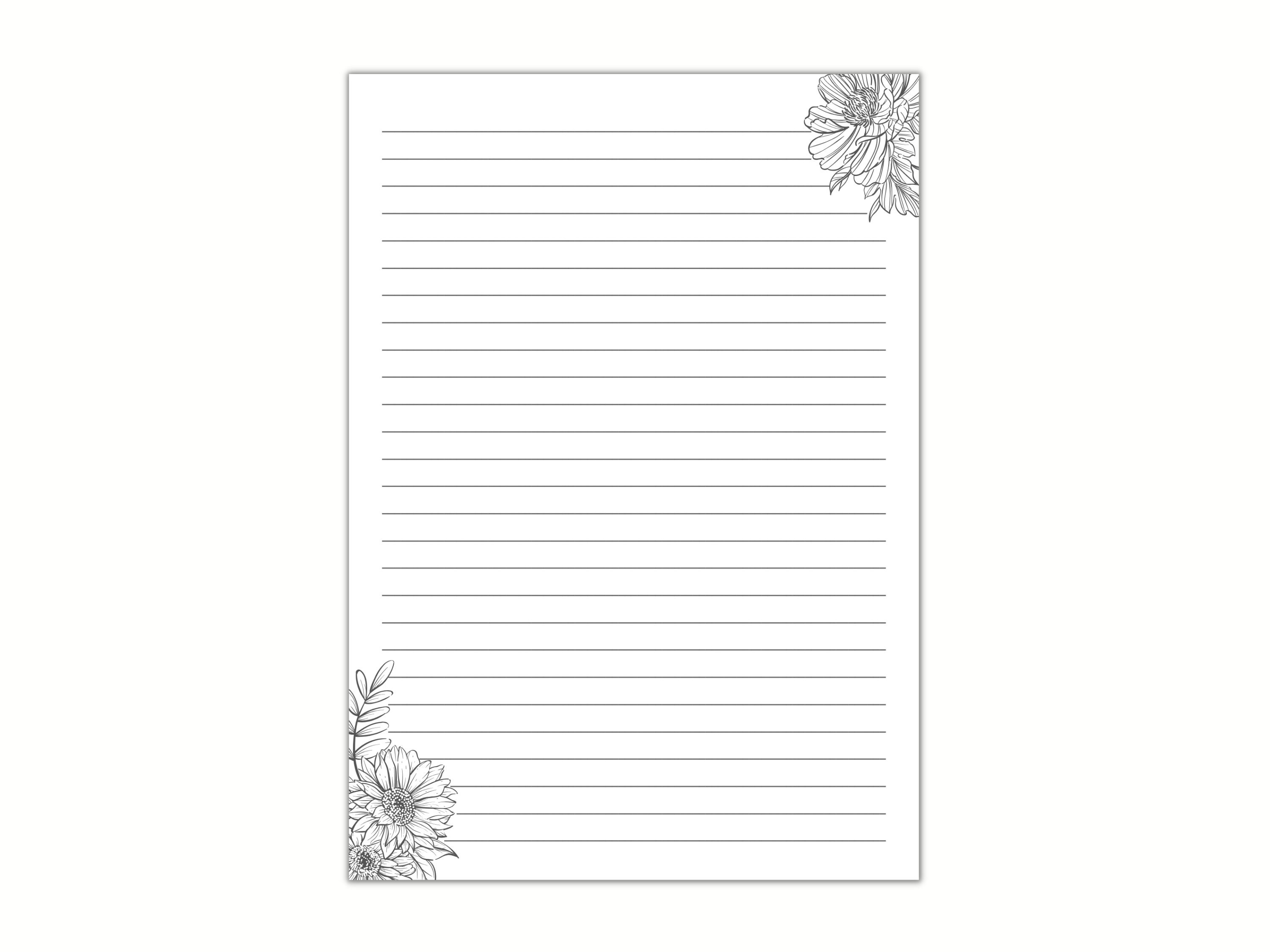 Black and White Floral Lined Paper, Printable Stationery Paper, Digital ...