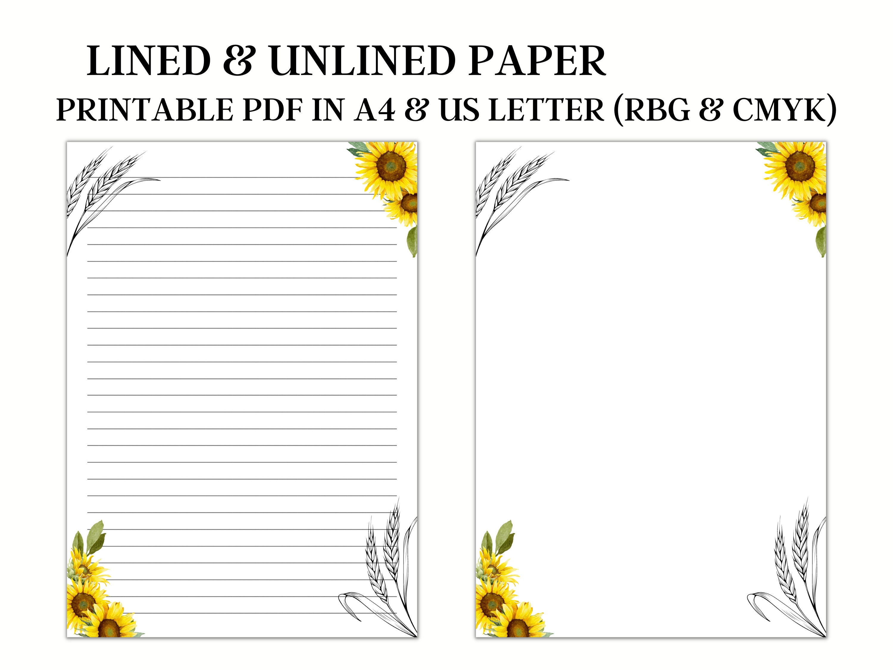 Sunflower Printable Paper, Sunflower Lined Printable Paper, Sunflower ...