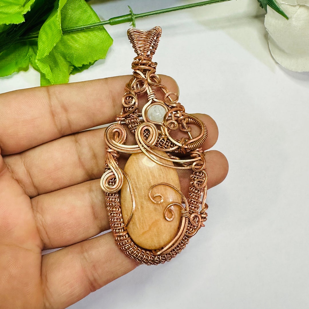 Wonderful Peach Amazonite Copper Pendant- Moonstone Wire Wrap Amazonite ...