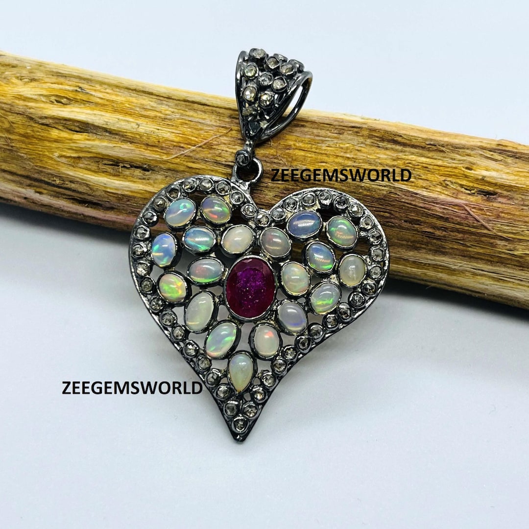 Opal Heart Pendant, Bangkok Ruby Pave Diamond 925 Silver Necklace ...