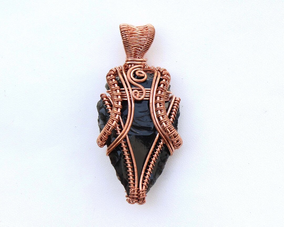 Copper Arrowhead Pendant- Wire Wrap Necklace- Black Obsidian Arrowhead ...