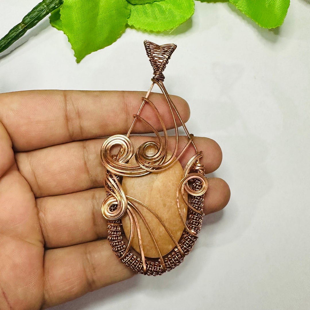 Natural Peach Amazonite Copper Pendant Handmade Wire Wrap Amazonite ...