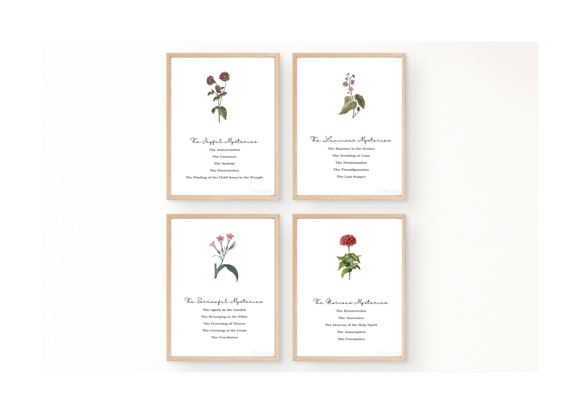 Mysteries of the Rosary Floral Prints, Catholic Wall Art, Catechism ...