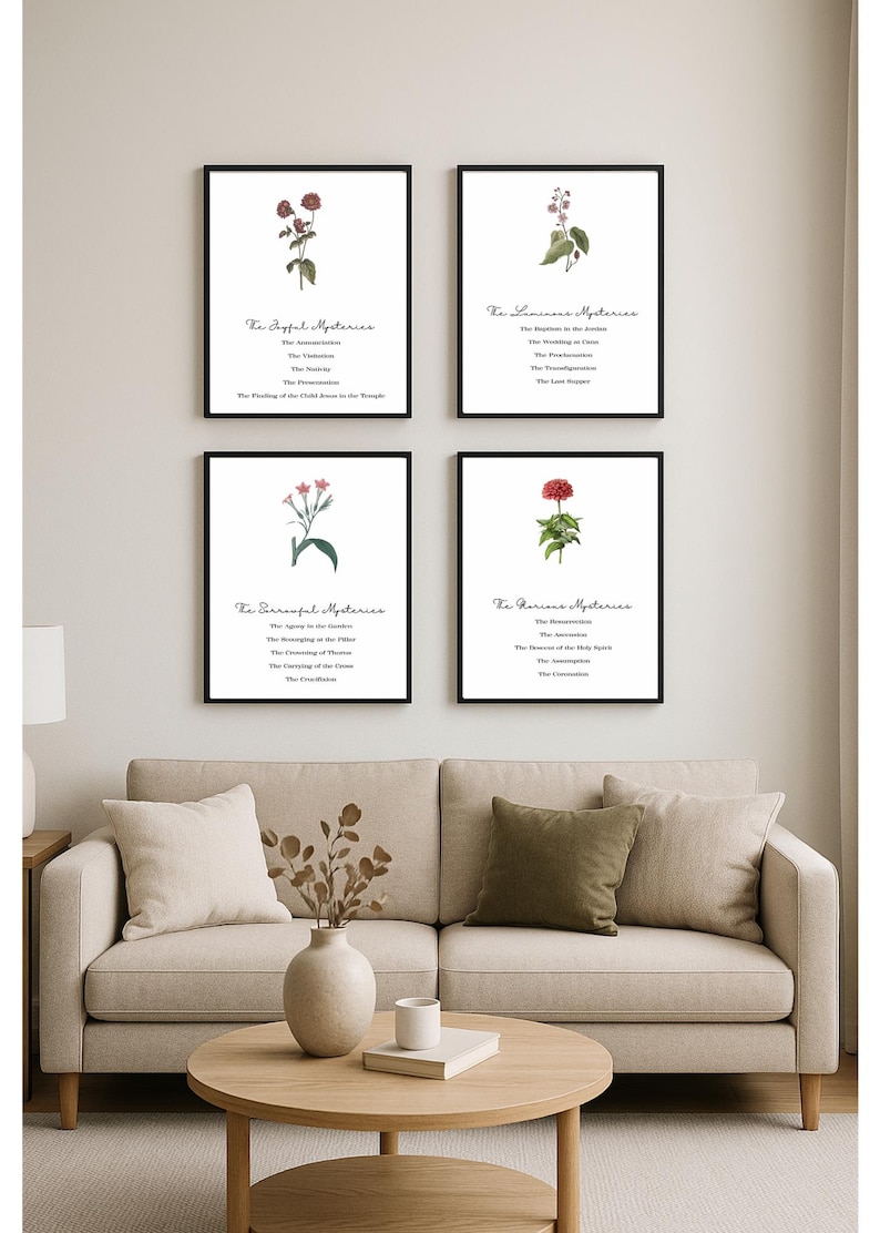 Catholic Rosary Wall Art Set of 4 – Mysteries of the Rosary Floral ...