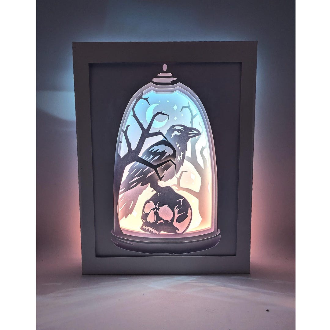 Raven Skull Shadow Box SVG PDF PNG A4 and 8X10 Halloween Paper Cutting ...