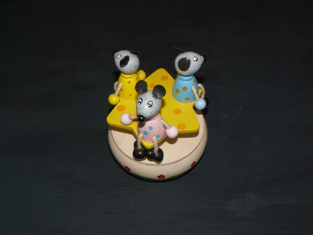 Vintage Wood Mechanical Music Box Mice Round Music Box Child 80s ...