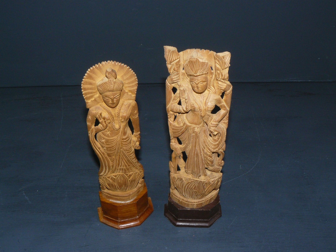 Vintage 2x Statue Durga Wood Hand-carved India 70s - Etsy
