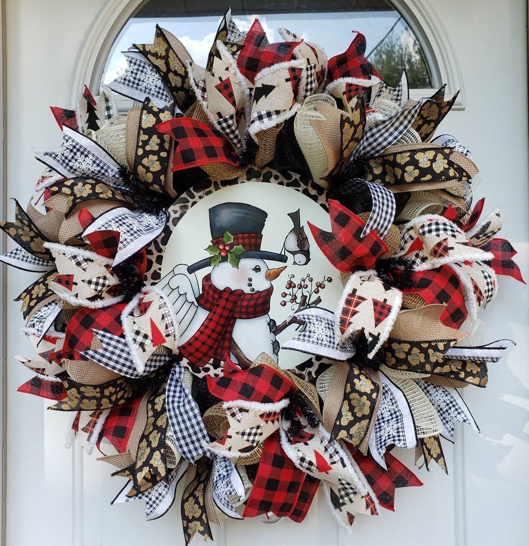 Winter Snowman Leopard Wreath for Front Door, Snowman Wreath With ...