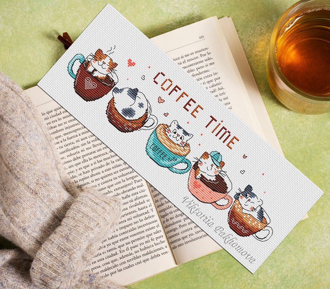Coffee Cat Bookmark Cross Stitch Pattern Pdf Friends Ginger Calico ...