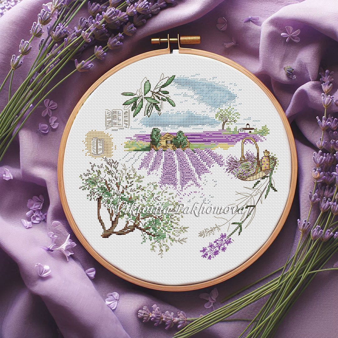 Lavender Fields Cross Stitch Pattern: Purple Floral Provence Landscape ...