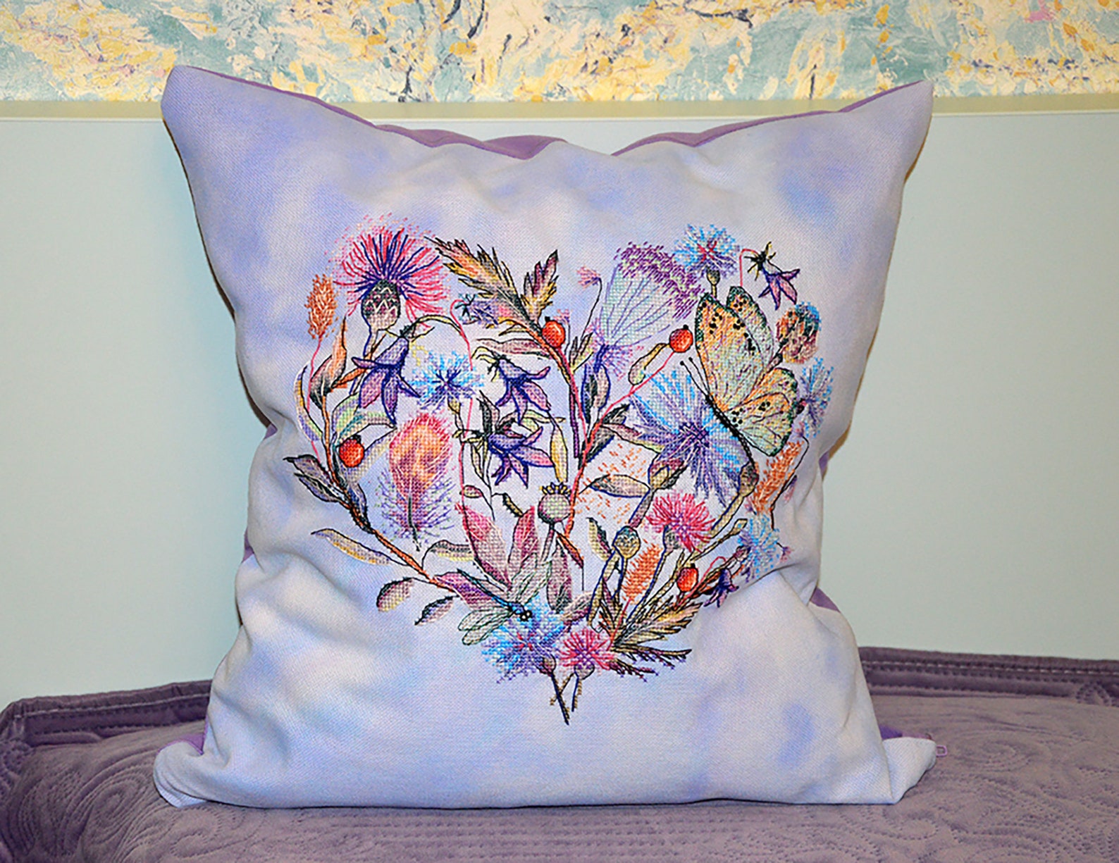 Cornflower Heart Cross Stitch Pattern: Floral Butterfly and Dragonfly ...