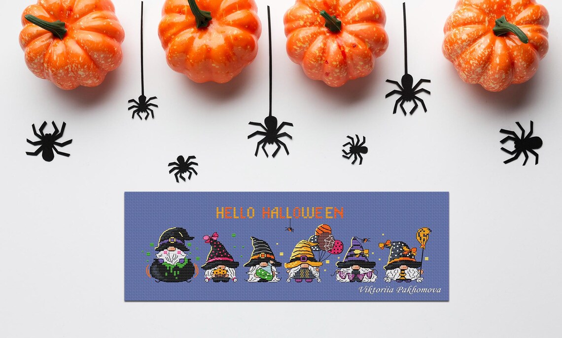 Halloween Gnome Bookmark Cross Stitch Pattern: Witch Dwarf Tapestry ...