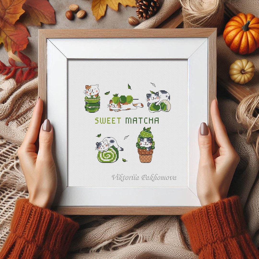Matcha Cats Cross Stitch Pattern Pdf Funny Calico Kitty Colorful ...