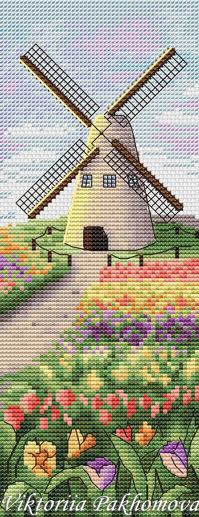 Holland Windmill Bookmark Cross Stitch Pattern: Floral Landscape (PDF ...