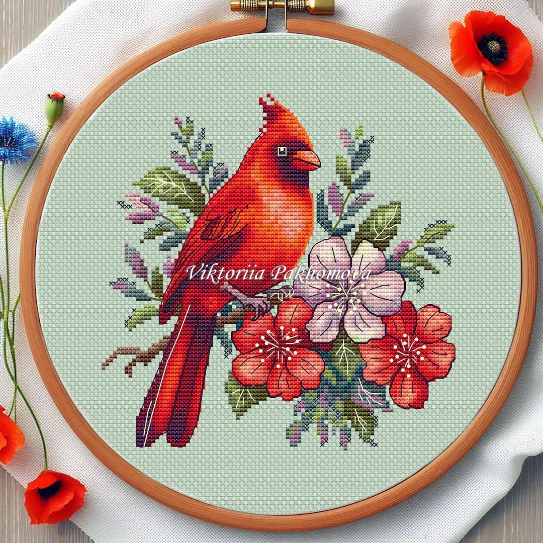 Floral Cardinal Cross Stitch Pattern Pdf Adorable Bird Pictorial Summer ...