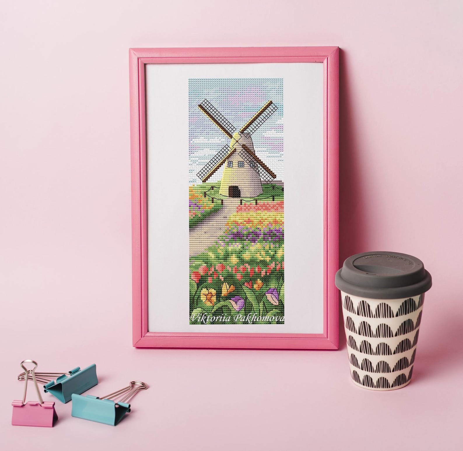 Holland Windmill Bookmark Cross Stitch Pattern: Floral Landscape (PDF ...