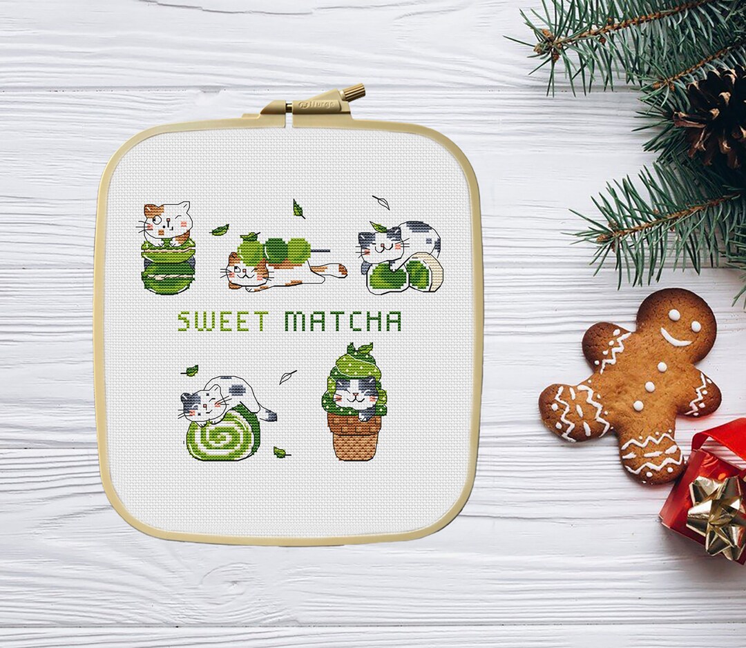 Matcha Cat Cross Stitch Pattern Pdf Funny Calico Kitten Embroidery ...