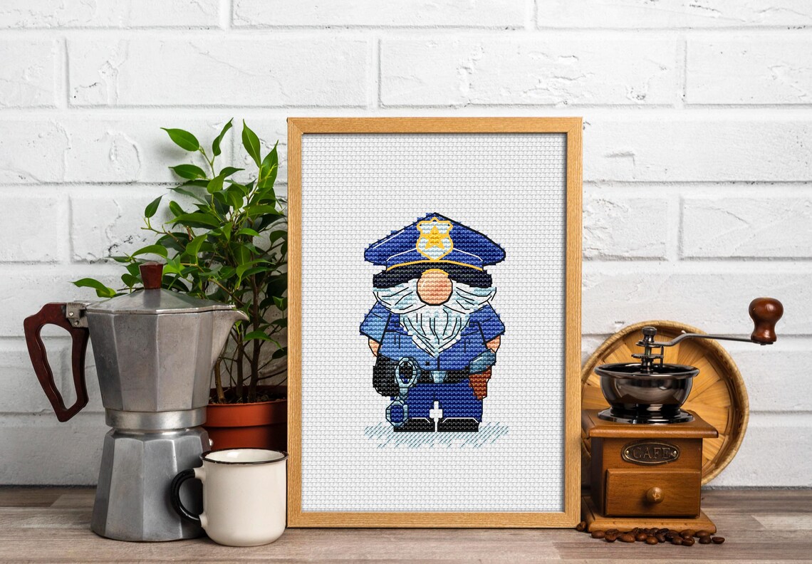 Police Officer Gnome Cross Stitch Pattern: Military Dwarf Mini ...