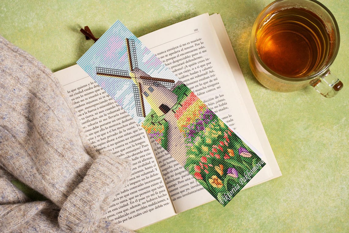 Holland Windmill Bookmark Cross Stitch Pattern: Floral Landscape (PDF ...