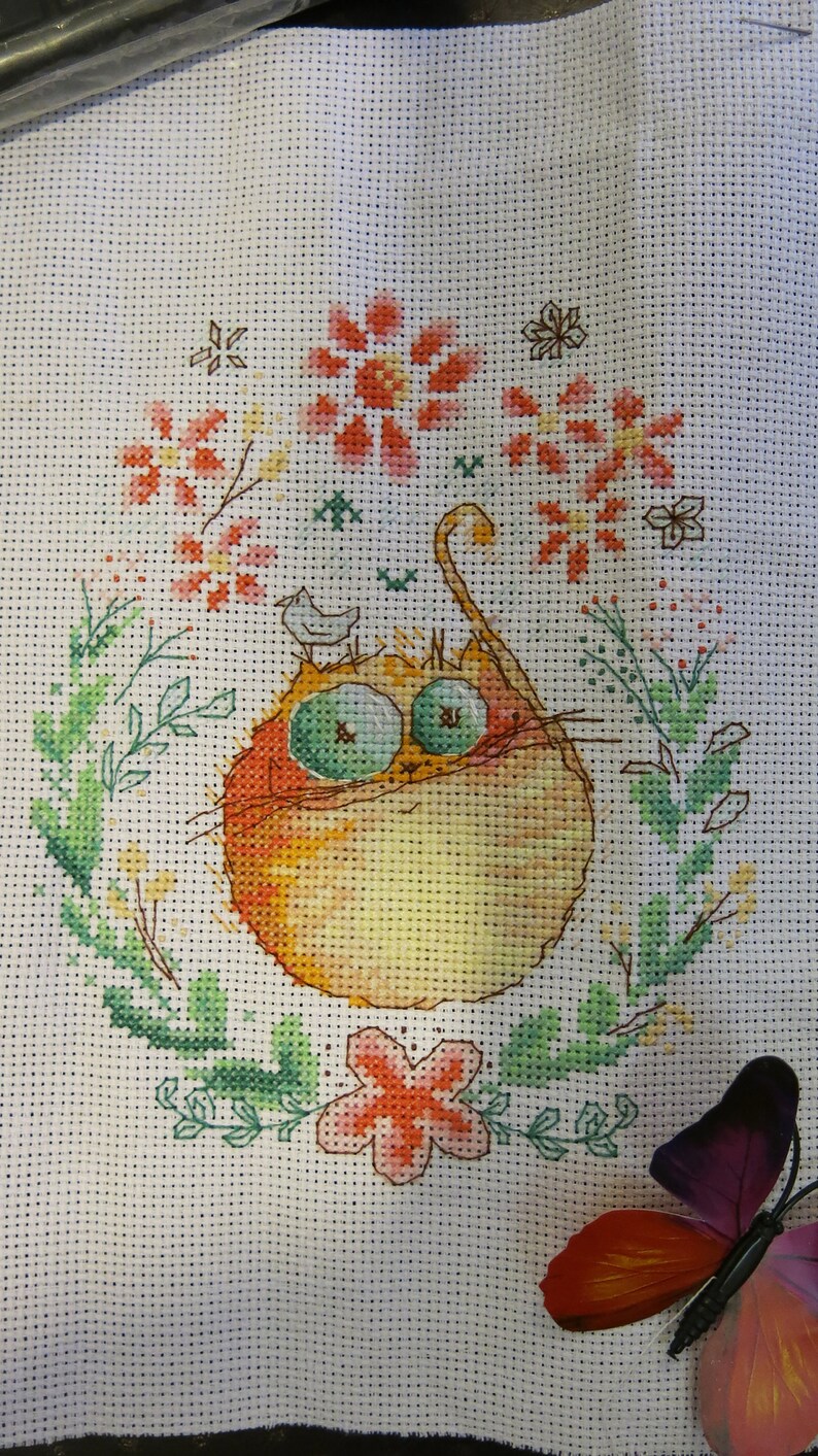 Floral Cat Cross Stitch Pattern Pdf Orange Cat Diy Embroidery | Etsy